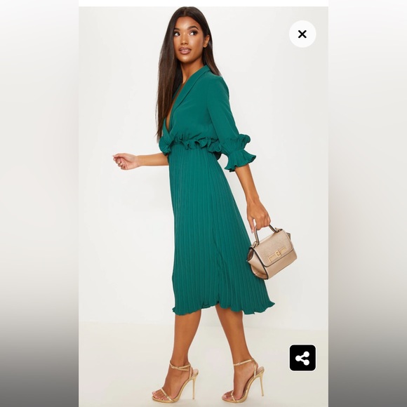 PrettyLittleThing | Dresses | Pretty Little Thing Emerald Green Frill Detail Pleated Midi Dress ...